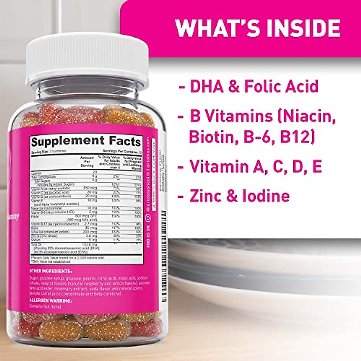 Dr. Tobias Prenatal Vitamin Gummy – Iron Free Prenatal Vitamins with DHA and Folic Acid – Good Source of Niacin, Biotin, B6, & B12 – Supports Overall Health – 60 Gummies, 30 Servings (2 Daily)