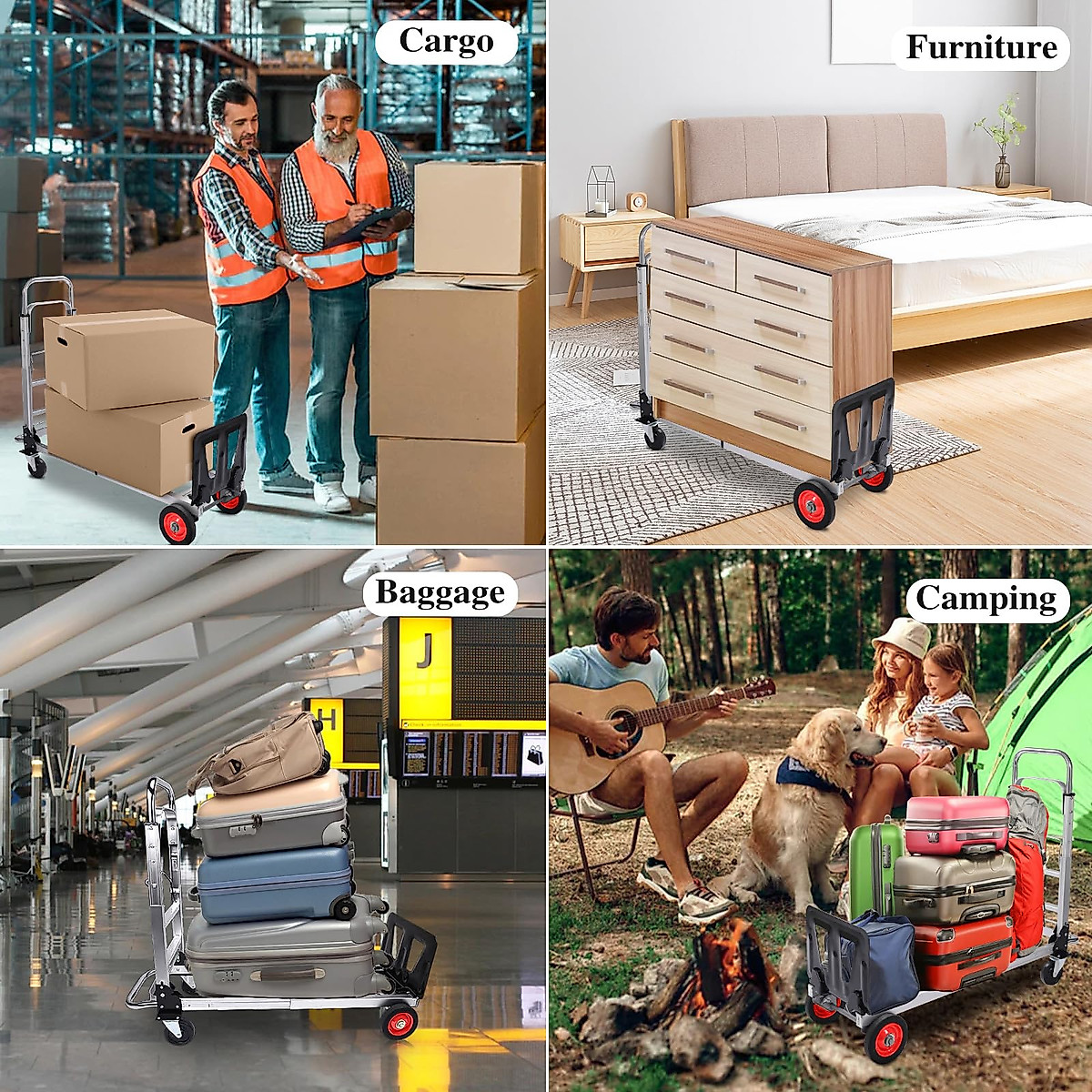 Aluminum Folding Hand Truck,440 lbs Heavy Duty 2 in 1 Convertible Hand Truck Dolly with Pneumatic Wheels,Telescopic Handles and 2 Elastic Ropes Collapsible Hand Cart for Luggage Moving Warehouse