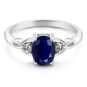 Gem Stone King 925 Sterling Silver Blue Sapphire and White Diamond Ring | 3-Stone Ring For Women | 1.87 Cttw | Gemstone September Birthstone | Oval 8X6MM | Available In Size 5, 6, 7, 8, 9