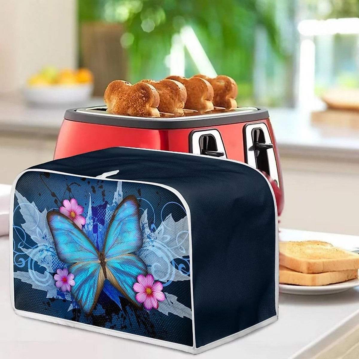 Uasibuni Blue Butterfly 4 Slice Toaster Cover with Top Handle,Kitchen Bakeware Protector,Universal Kitchen Toaster Cover Washable