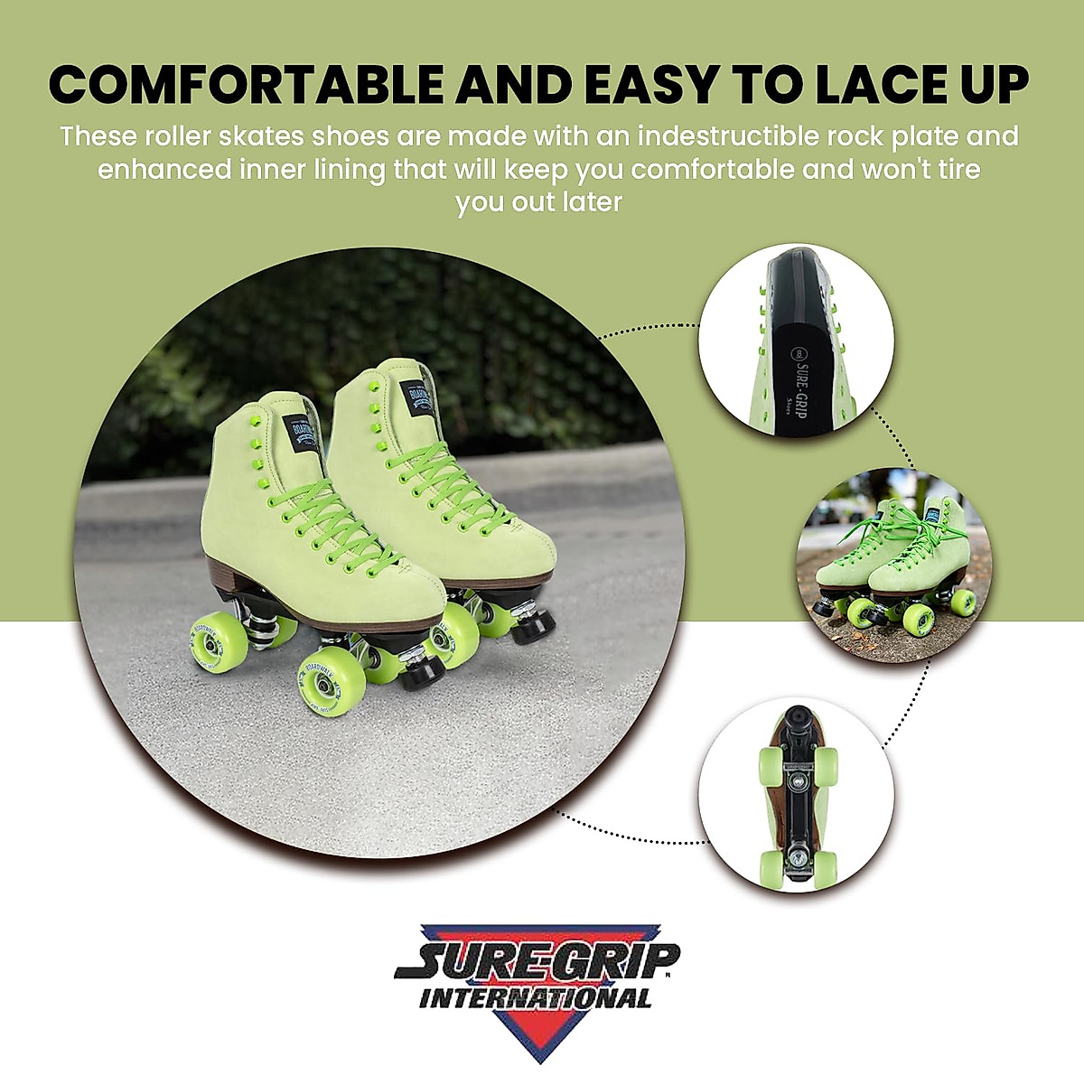Sure-Grip Boardwalk Unisex Outdoor Roller Skates Material of Leather, Rubber, Suede & Aluminum Trucks | Comfortable, Extra Long Laces - Suitable for Beginners (Key Lime, Mens 7 / Womens 8)