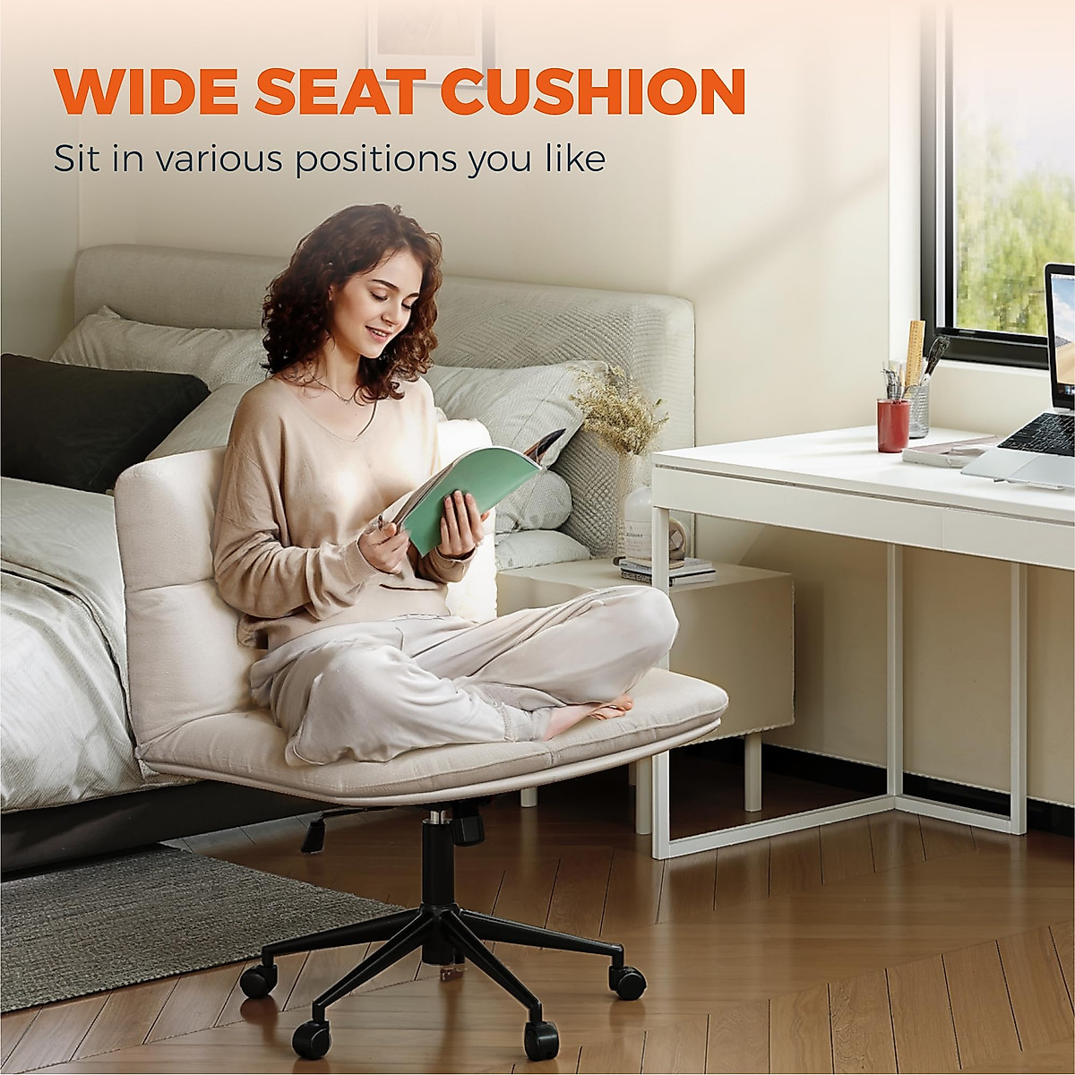 FitStand Criss Cross Chair with Wheels, Cross Legged Office Chair, Armless Wide Vanity Chair with Back, Desk Chair Comfy Wide Seat, Leather Swivel Accent Chair for Home Office HC1 (White)