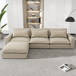 Merax 128" Sectional Sofa with Movable Ottoman and Soft Back Pillows, 4 Seat Sleeper Cloud Couch Set, L Shaped Convertible Chenille Upholstered SofaBed for Living Room, Apartments, Beige