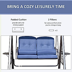 Outsunny 2 Seater Swing Chair, Garden Loveseat Swing Bench with Adjustable Canopy, Soft Cushions, Throw Pillows and Tray for Patio, Yard, Dark Blue