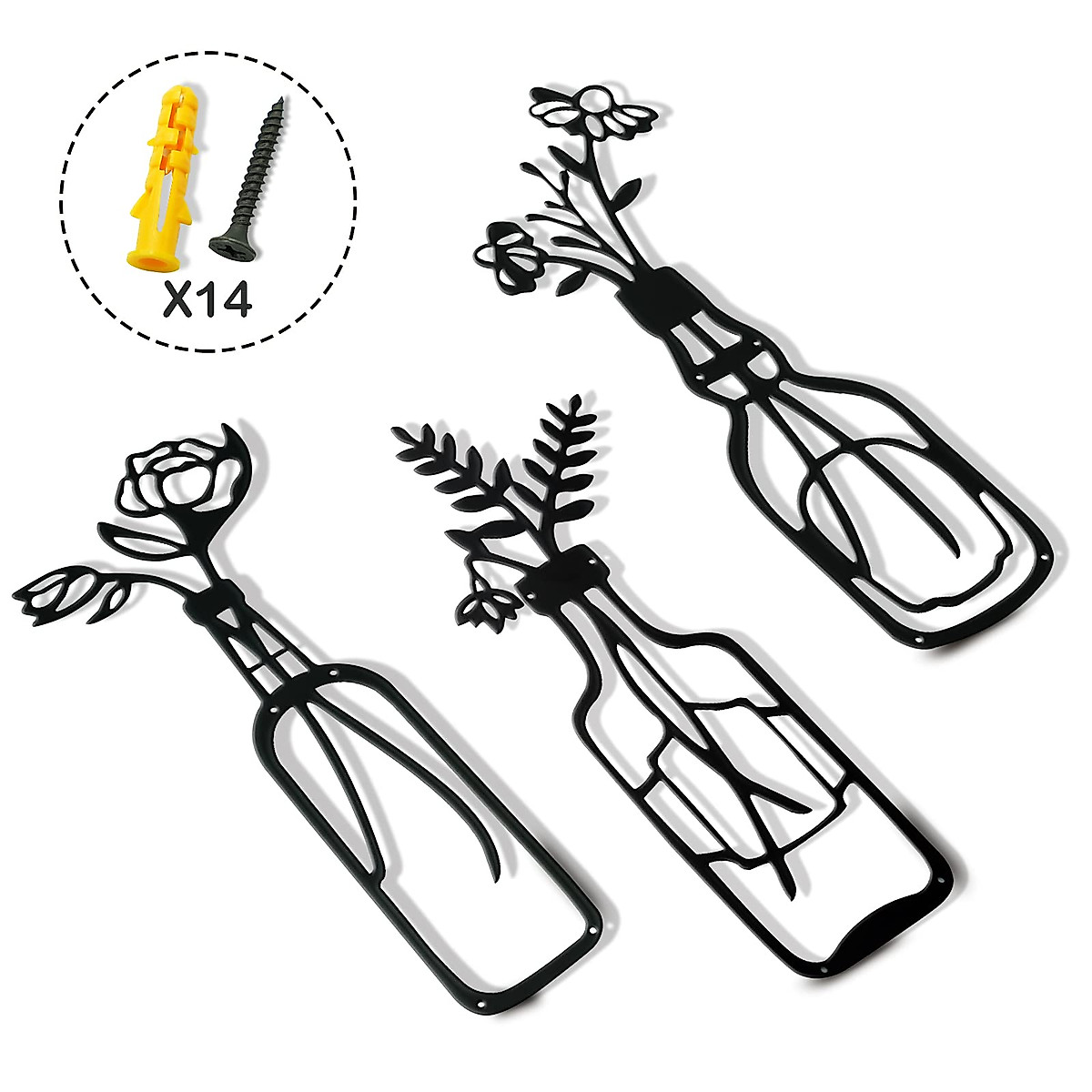 TENGZHEN Set of 3 Metal Vase Flowers Wall Art Metal Flower Wall Art Wall Decor Hanging Iron Wall Sculptures Hanging for Home Bedroom Bathroom Kitchen Garden Outdoor and Indoor Housewarming Gift(Black)