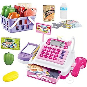Sotodik Cash Register Pretend Play Supermarket Shop Toys with Calculator ,Working Scanner,Credit Card ,Play Food ,Money and More(Color May Random)
