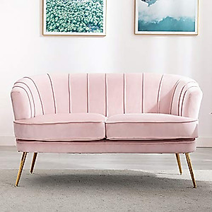Artechworks Contemporary Velvet Loveseat Chair with Gold-Finished Metal Legs, 2-Seat Sofa for Living Room, Bedroom, Home Office, Apartment,Small Spaces, Light Pink