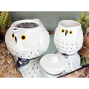 Ebros Gift Whimsical White Fat Snow Owl Ceramic 16oz Tea Pot With 2 Cups Set With Stainless Steel Strainer As Teapots And Teacups Home Decor Of Owls Owlet Nocturnal Bird