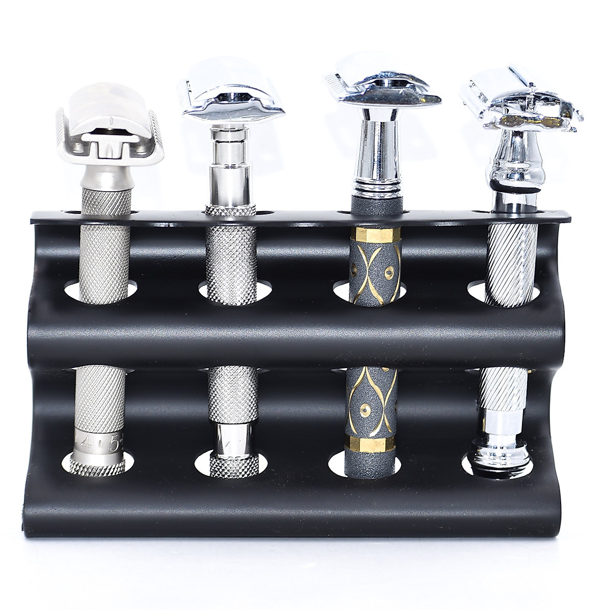 Parker Double Edge Razor Stand – Solid Brass with Black Finish –Holds 4 Razors – Parker Stand with Padded Base – Excellent Storage for Long Handled Double Edge Safety Razors