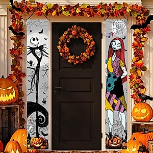 Jack Skellington Sally Banner Nightmare Before Christmas Halloween Decorations Porch Door Sign Welcome Banner Indoor Outdoor Wall Home Party Supplies