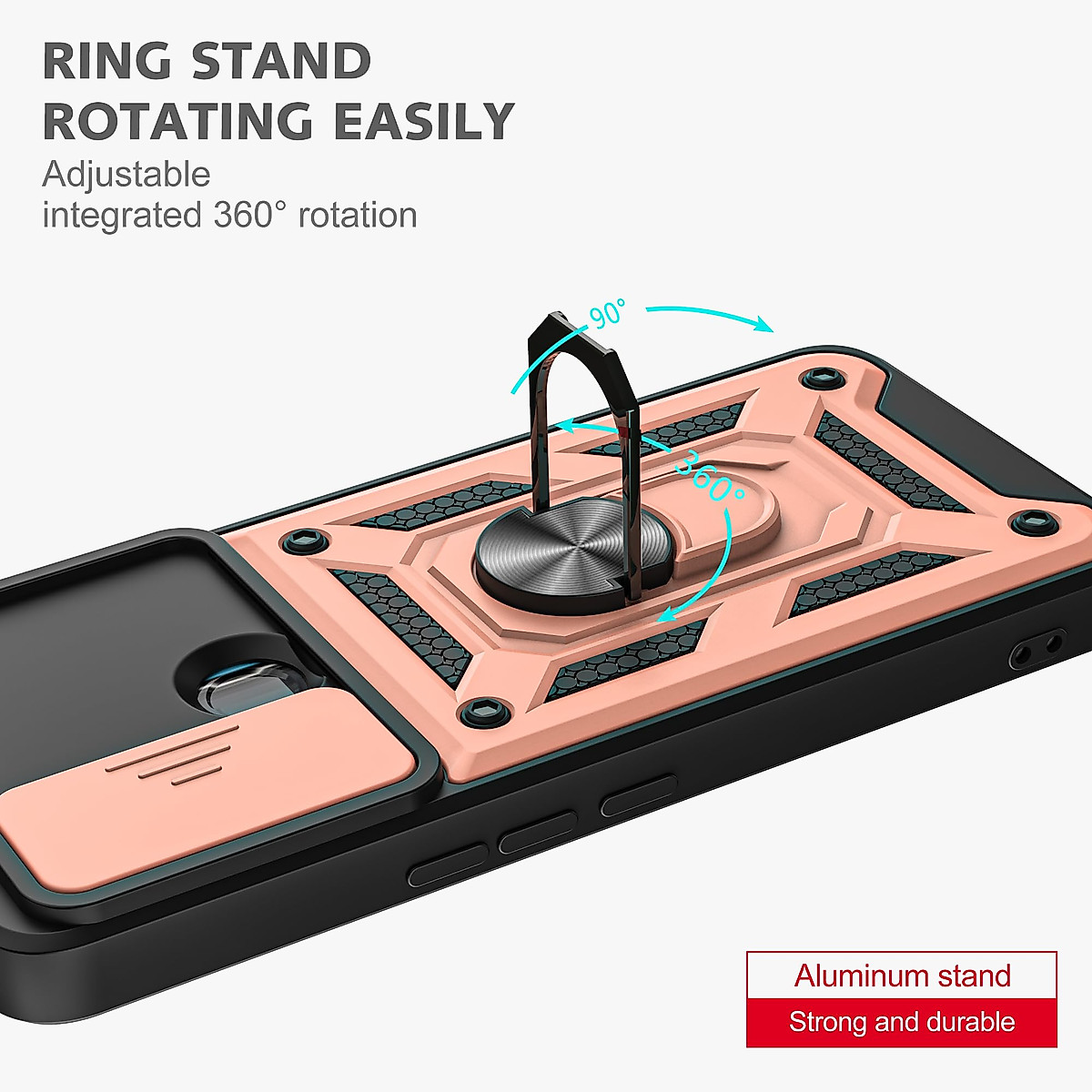 AKINIK for TCL 30 XE 5G Phone Case(Not Fit TCL 30 XL), with Slide Camera Cover and 2pcs HD Screen Protector, 360° Rotation Ring Kickstand [Military Grade] Case (Rose Gold)