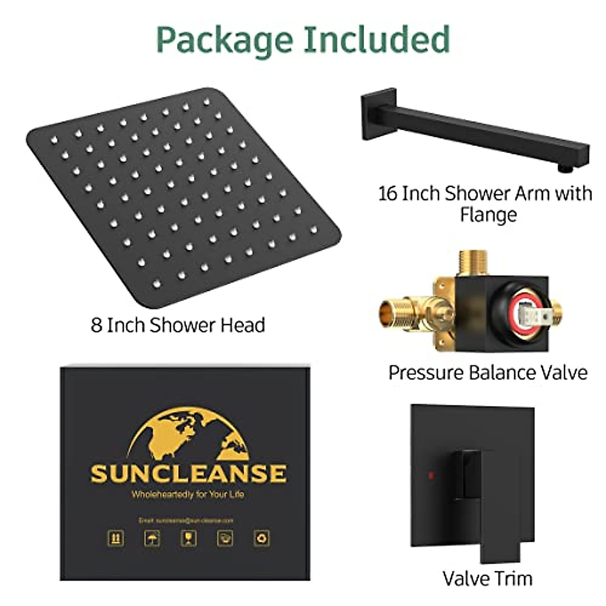 SunCleanse Matte Black Shower Faucet Set with Valve, Bathroom Shower System Included Stainless Steel Metal Rainfall Shower Head and Extra Long Shower Arm