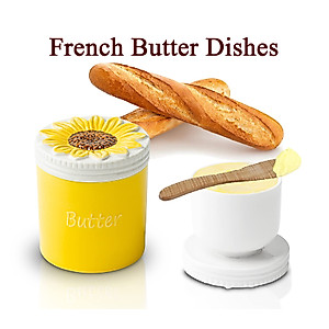 Sunflower Butter Crock Butter Keeper French Butter Dish Ceramic Cup Butter Holder With Water Line Non-Slip Design
