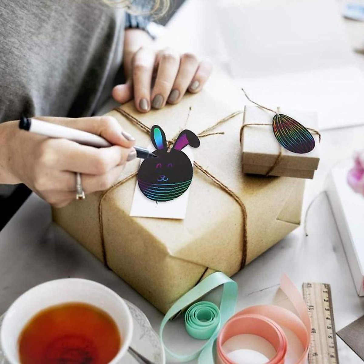 Easter Scratch Paper, 24PCS Easter Egg Scratch Paper Rainbow Art Set for Easter Day Ornaments Hanging Craft