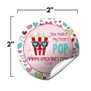 You Make My Heart Pop Fun Popcorn Themed Valentine Party Favor Sticker Labels for Kids, 40 2" Party Circle Stickers by AmandaCreation, Great for Classroom Valentines, Envelope Seals, Gifts, Treats