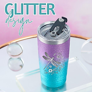Onebttl Dragonfly Gifts, Dragonfly Coffee Travel Mug for Dragonfly Lovers, Men, Women, Daughter - Stainless Steel 20Oz Tumbler Glitter Purple and Blue