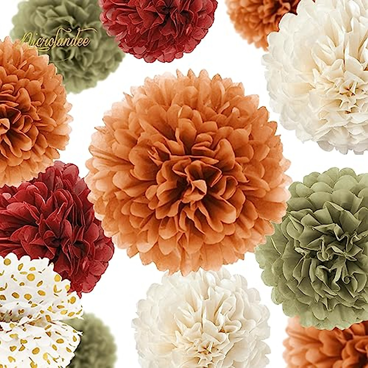 NICROLANDEE Fall Party Decorations, 12 PCS Pumpkin Orange Burgundy Sage Green Ivory Tissue Pom Poms Thanksgiving Decor for Home, Wedding, Birthday, Autumn Harvest Party Supplies
