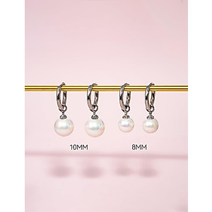 Limerencia Hypoallergenic Pure Titanium Post Lightweight Dangle Huggie Earrings for Women | Vertical Bar, Cross, Moon, Lightning | Dainty Earrings (10mm Pearl)