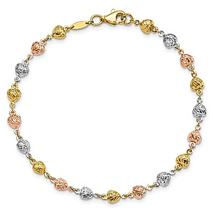 Auriga Fine Jewelry 14K Tri-Color Gold Polished Diamond-Cut Hearts Bracelet 7.5"