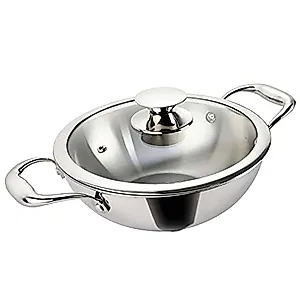 G and D Triply Stainless Steel Wok Pan With Glass Lid Tripple with Stainless Steel Deep Kadhai Cookware