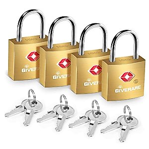4 Pack TSA Approved Travel Luggage Locks with Keys, Solid Brass Copper Keyed Padlock, Small Locks for Suitcase, Backpack, Gym Locker, Jewelry Box, Gold-by GIVERARE