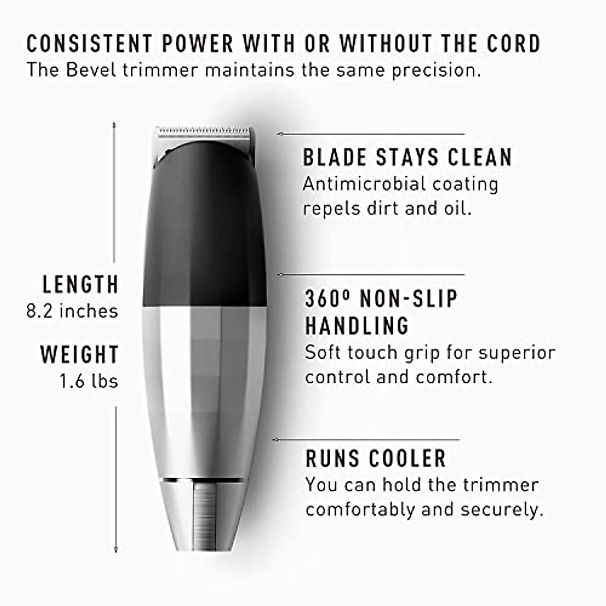 Bevel Beard Trimmer for Men - Cordless Trimmer, 6 Hour Rechargeable Battery Life, Tool Free Adjustable Zero Gapped Blade, Barber Supplies, Mustache Trimmer, Silver
