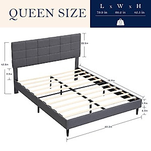 Yone jx je Platform Bed Frame with Fabric Upholstered Headboard and Mattress Foundation Wooden Slats Support, Fabric Upholstered Platform Bed Frame, No Box Spring Needed (Gray, Queen Size)