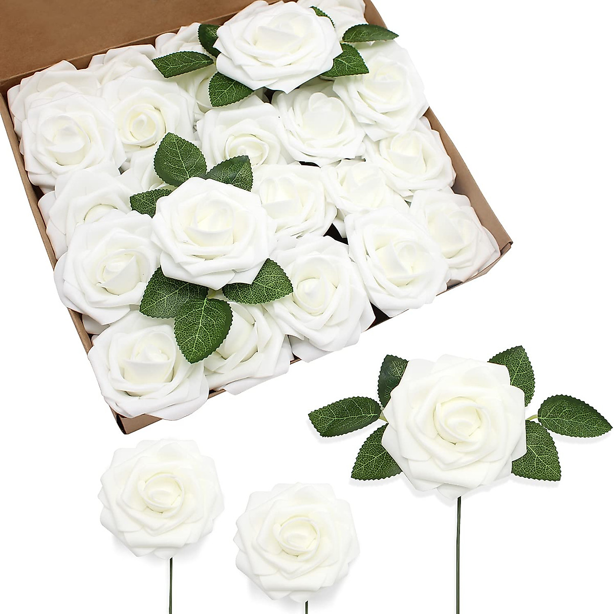 JOYLEX Artificial Flowers Realistic Roses, 25pcs Real Looking Fake Roses with Stem for DIY Wedding Bouquets Centerpieces Bridal Shower Party Home Romantic Decorations (Regular 3" - 25pcs, White)