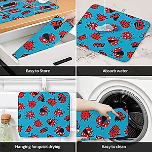 Dish Drying Mat for Kitchen Counter Absorbent Quick Drying Mat, Cute Ladybug Red Black Carapace Insect Dense Animal Blue