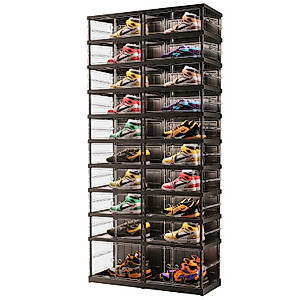 EHAMILY 10 Tiers 20-40 Pairs Foldable Shoe Boxes Large Plastic Shoe Storage Rack Collapsible Shoe Organizer for Closet Clear Stackable Shoes Shelf Storage Cabinet with Doors Quick Assembly Black