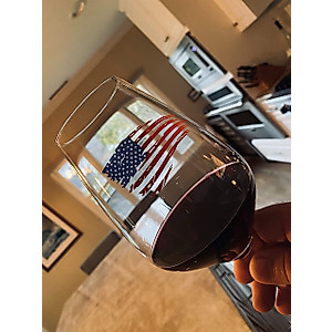 American Flag Long Stem Red Wine Glasses, Set of 2 Tall 20.5 oz Bordeaux Style Delivered in Custom Round Gift Box, Ideal Patriotic Gift, 4th of July Independence Day, Wedding Gift.
