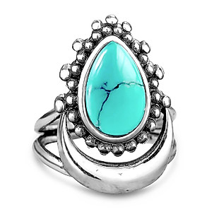 DALEGEM Crescent Moon Turquoise Stone Ring for Women,S925 Sterling Silver Waterdrop Shaped Gemstone Boho Statement Ring Jewelry (Ring_A, 5)