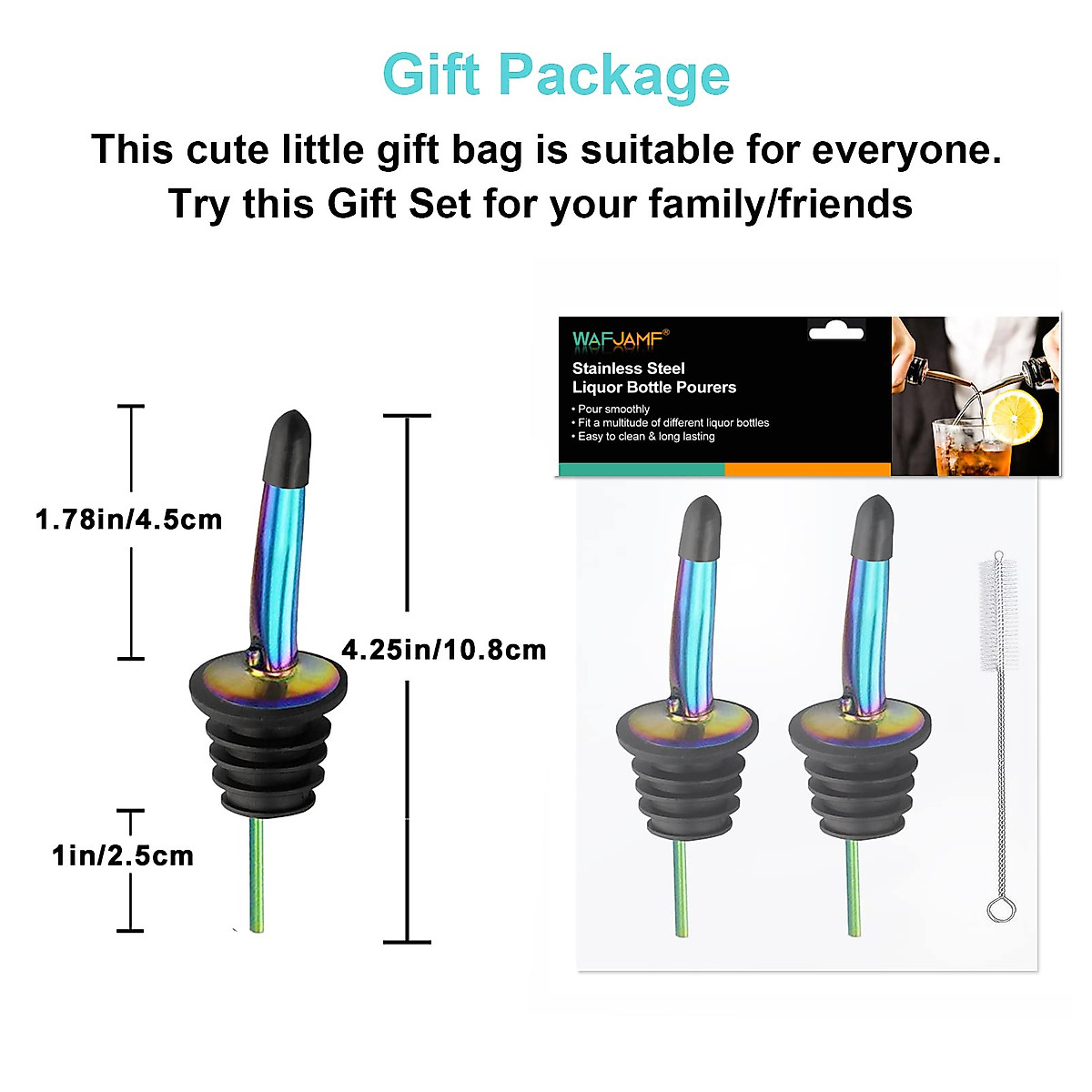 WAFJAMF 2 Pcs Liquor Pour Spouts, Stainless Steel Liquor Bottle Pourers with Rubber Dust Caps & Cleaning Brush,for Pours Liquid, Olive Oil, Wine (Rainbow)