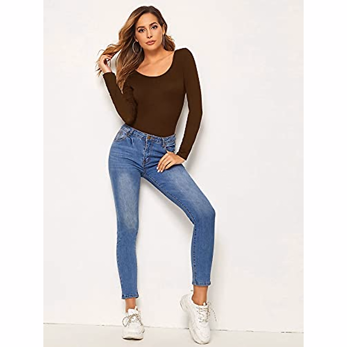 SweatyRocks Women's Long Sleeve Scoop Neck Basic Solid Slim fit Tee Shirt Top Solid Brown XL