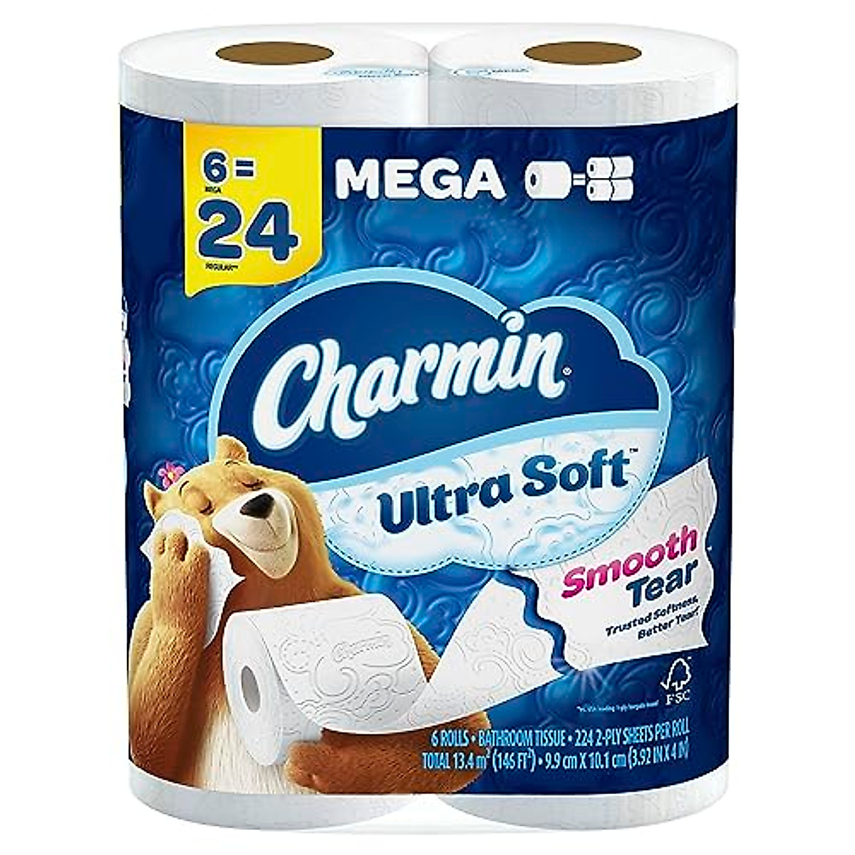 Charmin Ultra Soft Toilet Paper 6 Mega Rolls, 224 Sheets Per Roll, 1.5 pounds