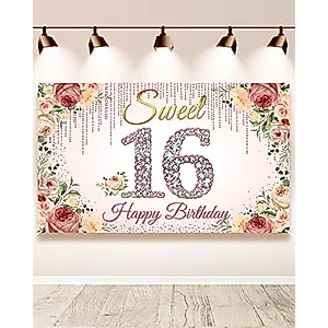 HTDZZI Sweet 16 Birthday Decorations, Rose Gold Happy 16th Birthday Backdrop Banner for Girls, Pink Floral Sweet Sixteen Party Decor, Sweet 16 Yard Sign Photo Booth Props, Fabric, 6.1ft x 3.6ft