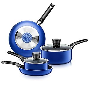SereneLife Kitchenware Pots & Pans Basic Kitchen Cookware, Black Non-Stick Coating Inside, Heat Resistant Lacquer (6-Piece Set), One Size, Blue