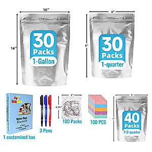 NewCrew 100pcs Mylar Bags for Food Storage with 300cc Oxygen Absorbers, Labels and Pens,10 Mil Extra Thick 1 Gallon,1 Quarter,½ Quarter 10”x 14”/6x9”/5x7” Stand-up Zipper Resealable Mylar Bags