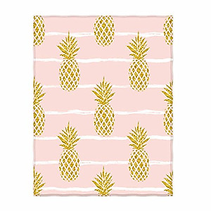kasme 58 x 80 Inch Seamless Summer Gold Pineapple On Striped Background Soft Throw Blanket for Bed Couch Sofa Lightweight Travelling Camping Throw Size for Kids Boys Women All Season…