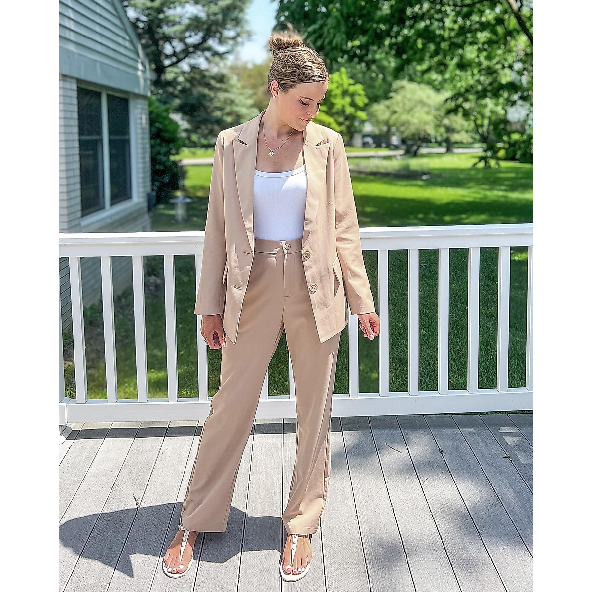luvamia 2 Piece Outfits for Women Dressy Blazer Jackets High Waisted Straight Leg Pants Suits Set Business Casual Office Fall Outfits for Women Womens Fall Clothes Wide Leg Dress Pants for Women
