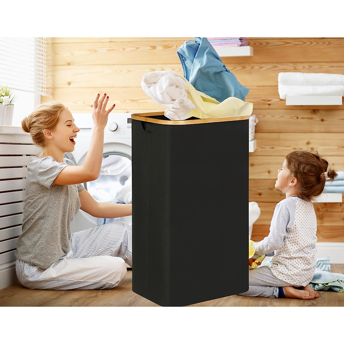 YCJYZLF Large Laundry Hamper with Lid and Bamboo Handles,Tall Collapsible Laundry Basket with Lid and Removable Laundry Bag,Foldable Clothes Hampers for Laundry,Bedroom,Dorm,Towels,Toys (100L,Black)