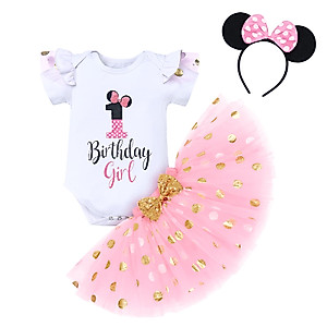 Cake Smash 1st 2nd 3rd Birthday Girl Princess Outfit Polka Dots Dress Ruffle Tulle Tutu Skirt Set Wild ONE Party Dance Fancy Carnival Costume w/Headband Pink-1st 1T