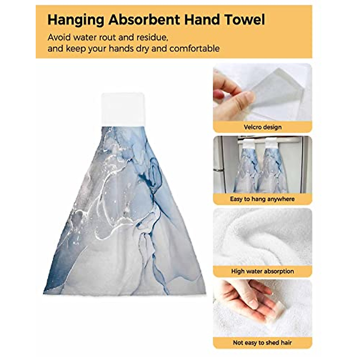 BOBOWUNY Marble 2 Pcs Hanging Kitchen Hand Towels, Modern Abstract Ombre Blue Grey Farmhouse Super Soft Microfiber Tie Towels Aborbent Washcloth for Bathroom Oven Tea Bar