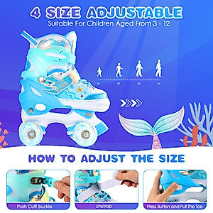 Mermaid Kids Roller Skates Adjustable Roller Skates with Light Up Wheels for Kids, Beginner, Girls, Boys Outdoor Roller Skating for Toddlers, Skating Shoes for Ages 3-12
