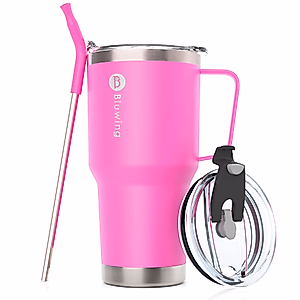 Bluwing 30 oz Insulated Tumbler Cups with Handle and Straw-Stainless Steel Travel Coffee Mug Tumbler for Women (Hot Pink)