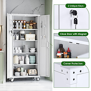 Aobabo Upgraded White Metal Storage Cabinet with Pegboard, 72In Rolling, Lockable Cabinet with 2 Doors & 4 Shelves for Office & Home， Assembly Required