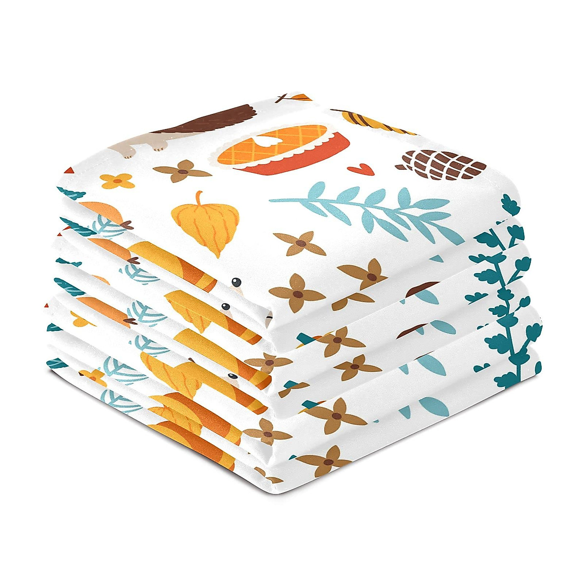 SLHKPNS Autumn Cute Hedgehogs Pumpkin Kitchen Dish Towel Set of 4,Autumn Floral Plants Thanksgiving 18x28in Absorbent Dishcloth Reusable Cleaning Cloths for Household Use