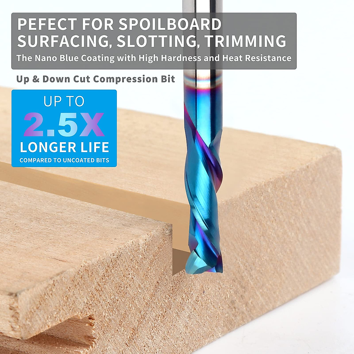 EANOSIC Spiral Router Bits Up Down Compression Bit 1/4 inch Cutting Diameter with Nano Blue Coated, 1/4 inch Shank Solid Carbide CNC End Mill for Wood Carving Engraver Milling Cutters