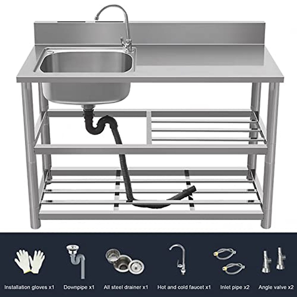 Stainless Steel Kitchen Sink with Workbench & Storage - Commercial Use