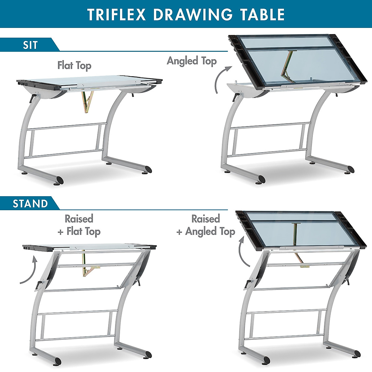 SD Studio Designs Triflex Drawing Table, Sit to Stand Up Adjustable Office Home Computer Desk, 35.25" W X 23.5" D, Silver/Blue Glass